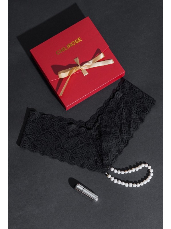 Chilirose Perizoma nero con perle naturali d'acqua dolce + bullet vibrante